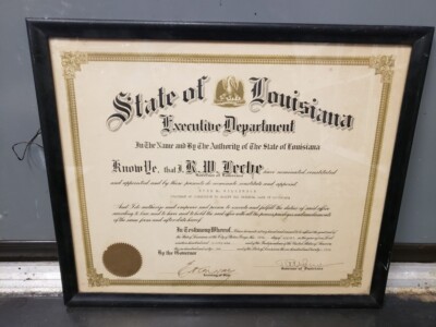 1935 State of Louisiana Certificate to Hugh Wilkinson signed Gov ...