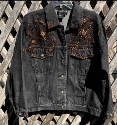 Vintage Carole Little Black Denim Jacket w/ Jewels, Sz 6 Floral Theme ...