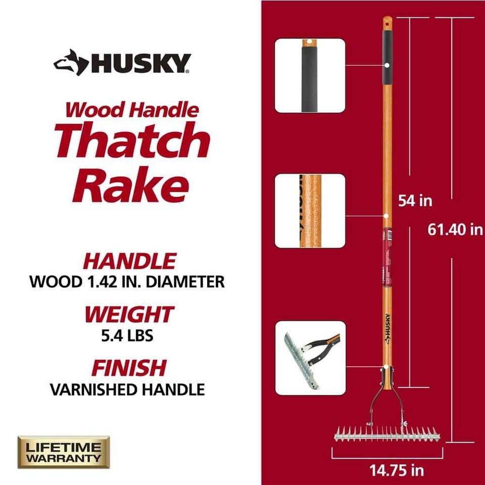 54 in. Long Wood Handle 19-Tine Adjustable Thatch Rake 7891117104414| eBay
