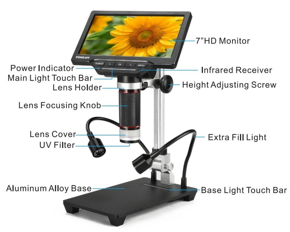 TOMLOV HDMI Digital Microscope 1080P 1200X Coin Magnifier soldering ...