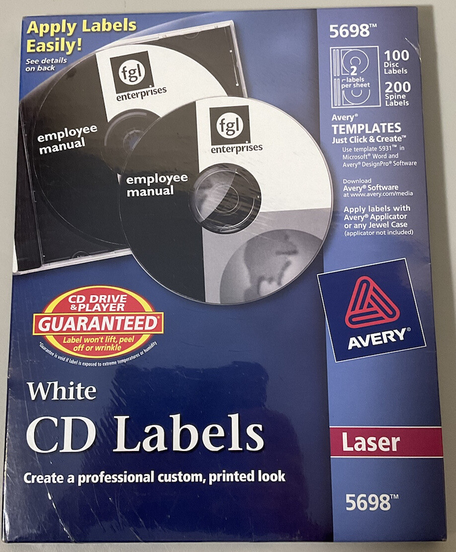 Avery Laser Matte White CD Labels 5698 100 Disc Labels 200 Spine Labels ...