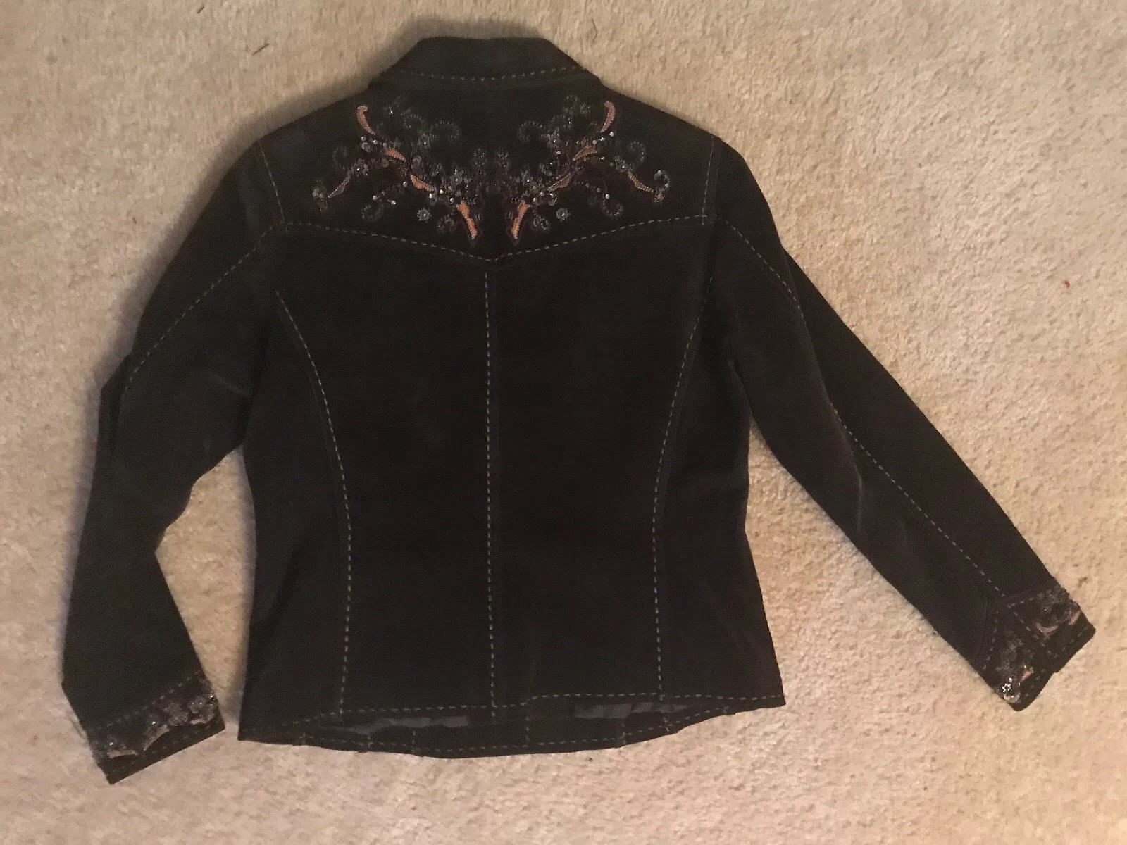 CWC Coldwater Creek suede leather bead jean jacket style coat blazer ...