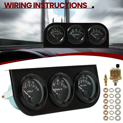 2" 52mm 3in1 Auto Car Triple Gauge Set Kit Water Temp Oil Pressure Volt ...