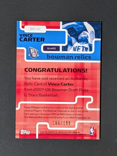 2007-08 Bowman Draft Picks & Stars - Relics Dual #BR-VC Vince Carter ...