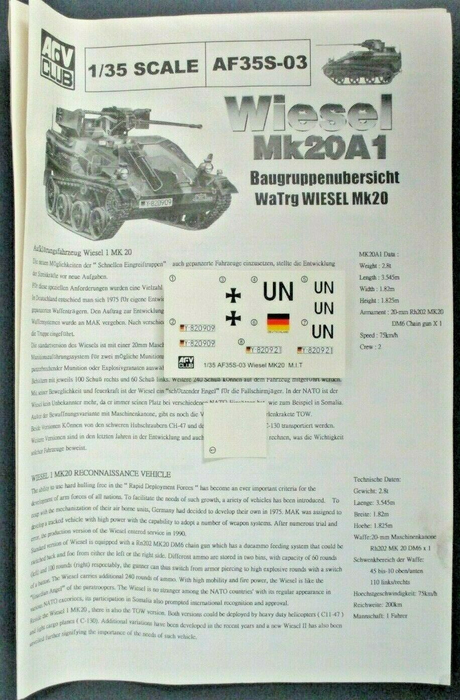 AFV Club 1/35th Scale Wiesel Mk20A1 Decals & Directions from Kit No ...