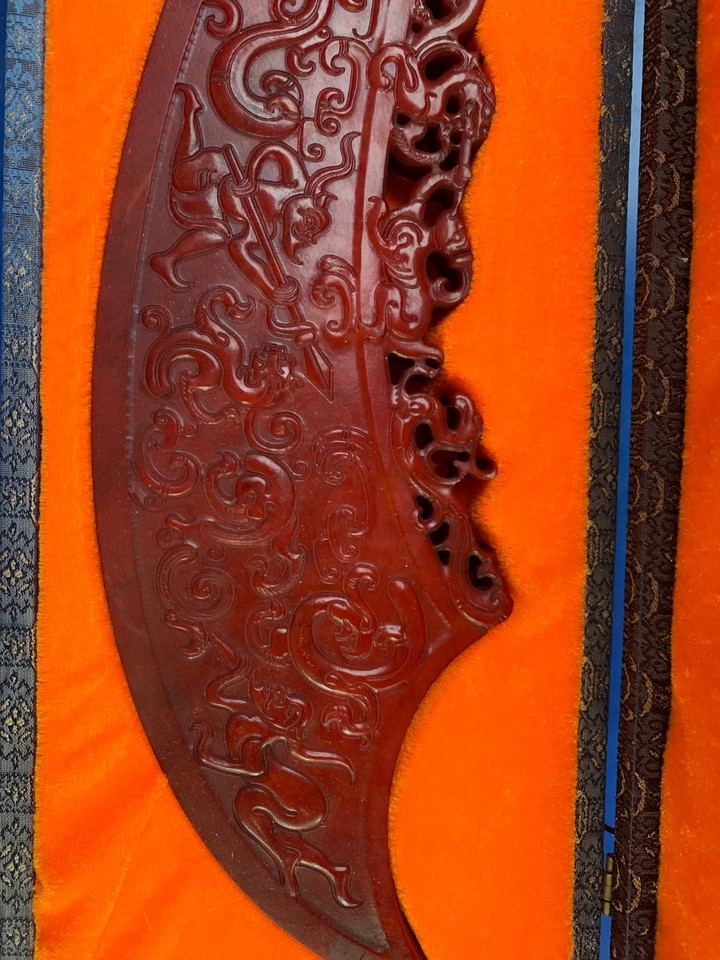 16"old Chinese dynasty hetian jade carved fengshui dragon beast weapons ...