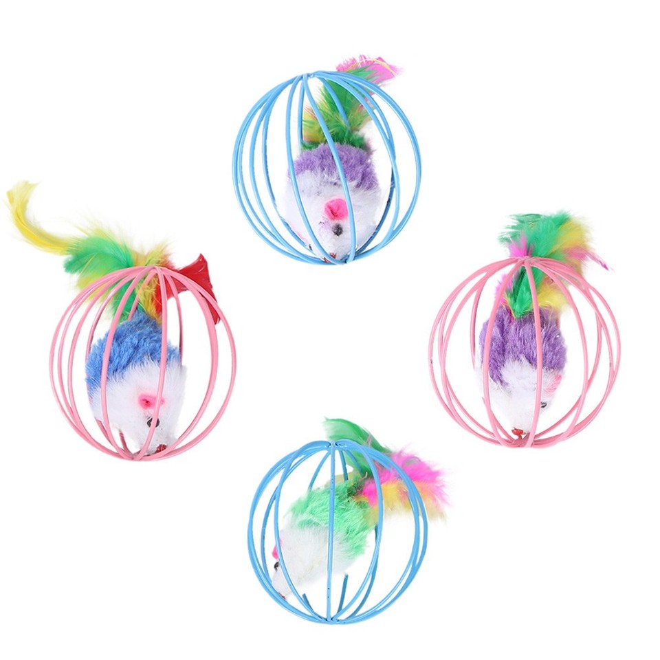 4pcs Pet Cat Toy Fake Mouse Mice Rat in Cage Plush Ball Plush Mouse ...