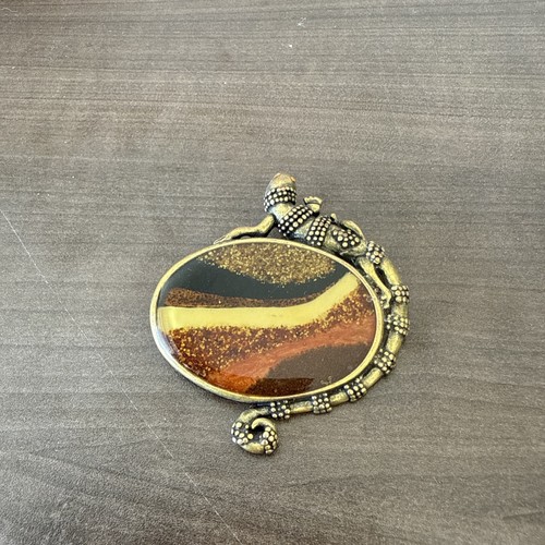 Chico's Gecko Lizard Enamel Pendant Necklace Brass Color Boho Brown Tan ...