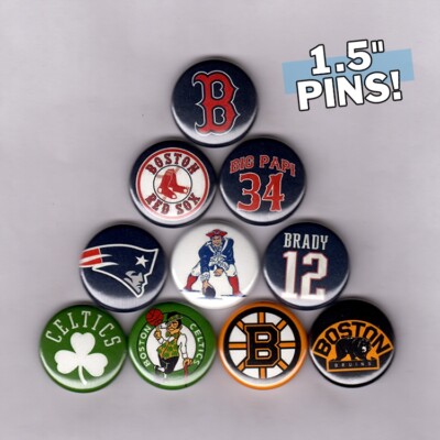 BOSTON SPORTS 1.5" PINS / BUTTONS w/ RED SOX PATRIOTS CELTICS & BRUINS ...