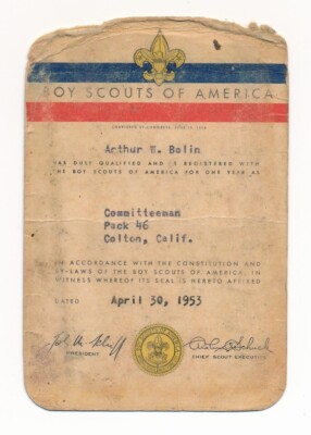 1953 Boy Scouts Committeeman Membership Certificate Badge Card Colton ...