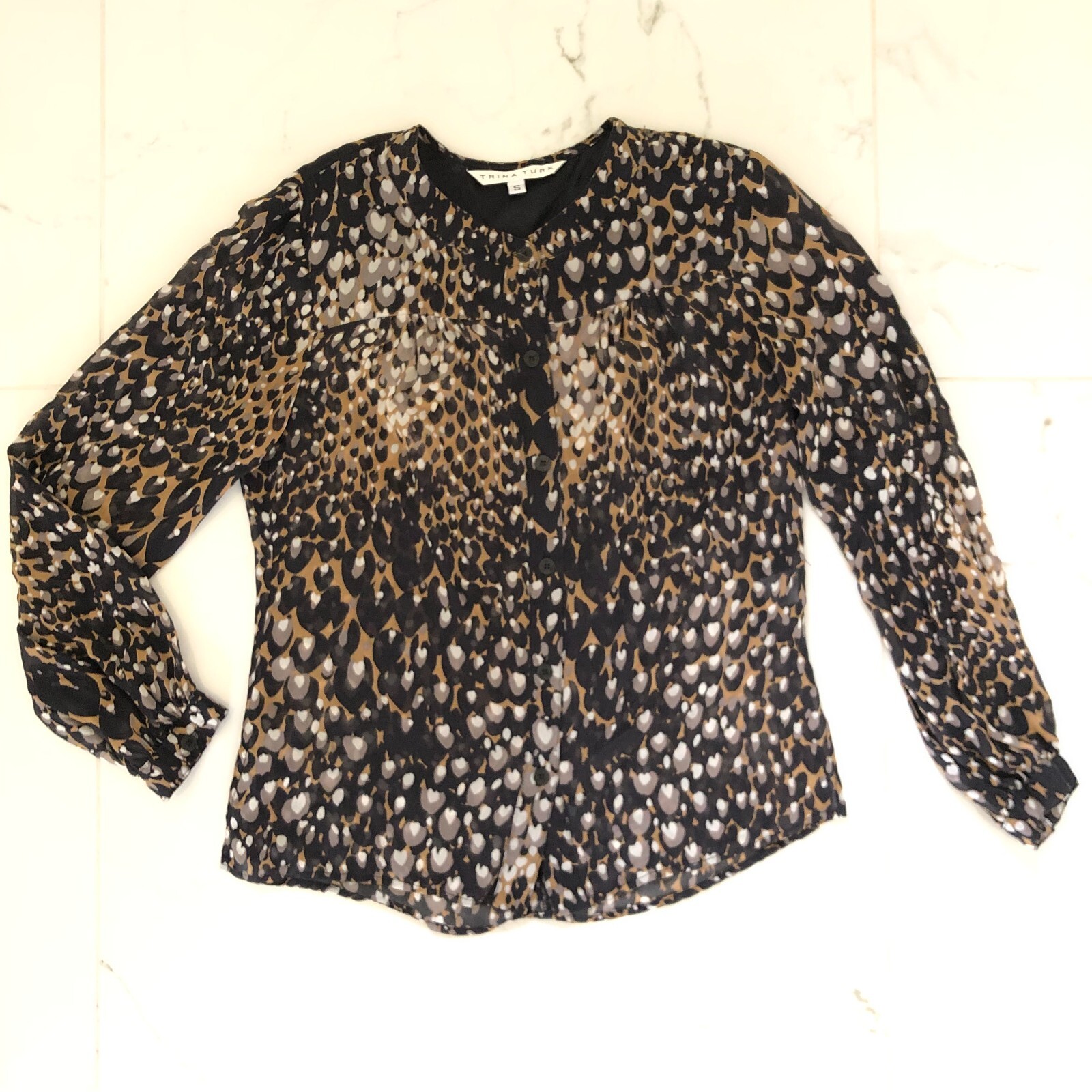 Trina Turk Women Animal Print Leopard Silk Top S Button Down Sheer ...