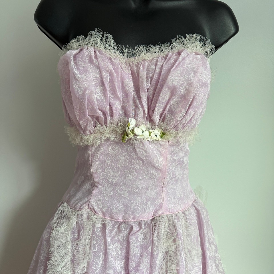 Vintage 60s Coquette Strapless Lavender Lace Floral Prom Party Dress ...