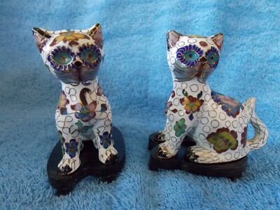 Vintage Set Of 2 Cloisonne Cat Figurines With Stand Brass Enamel Floral ...