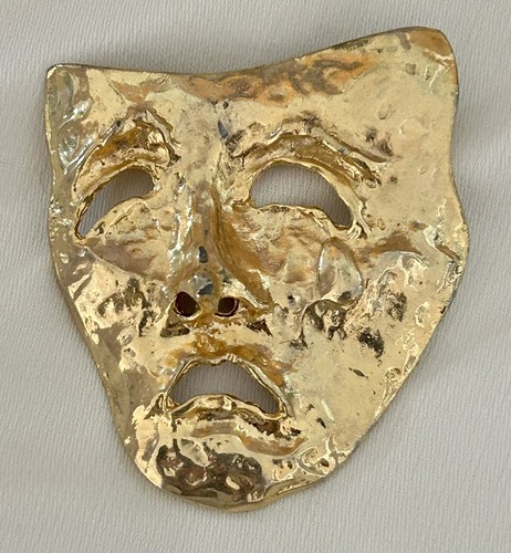 Vintage Large Gold Tone Brooch Textured Tragedy Mask Buskin Theater Pin ...