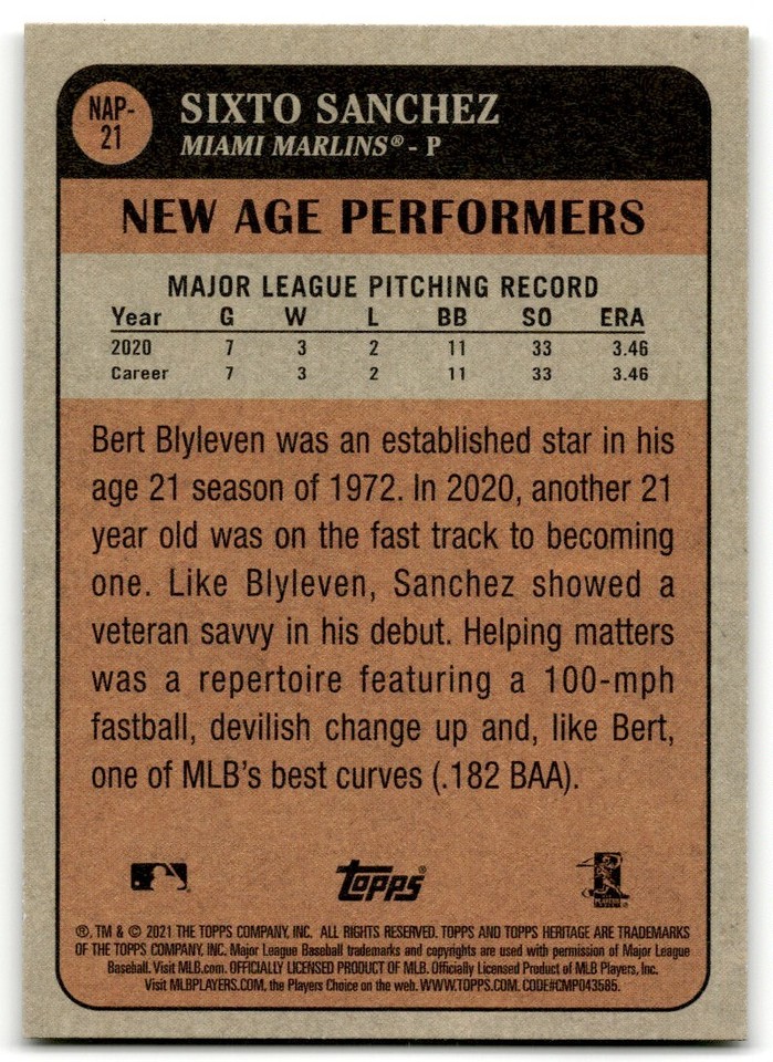 2021 Heritage New Age Performers Sixto Sanchez RC Miami Marlins #NAP-24 ...