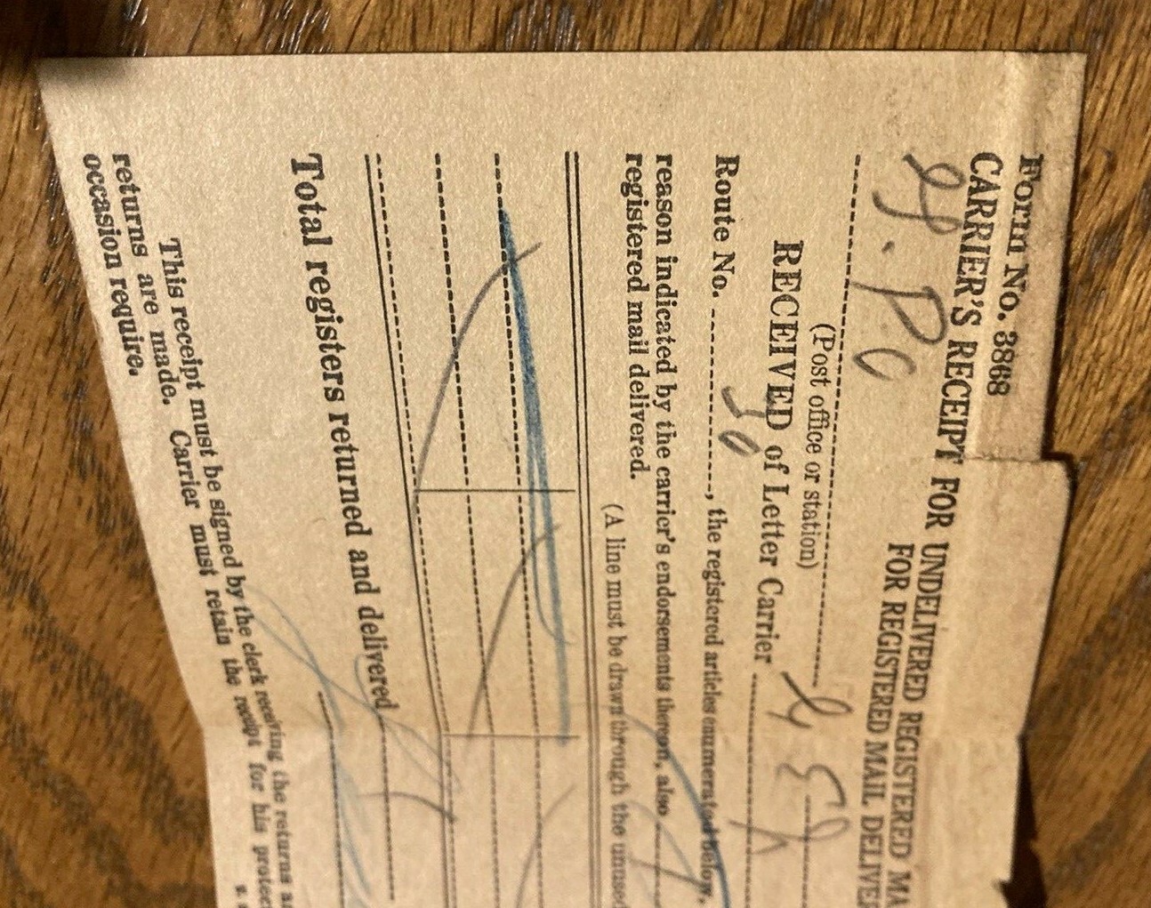 USPS Form 3868 Carrier's receipt for undelivered registered mail ...