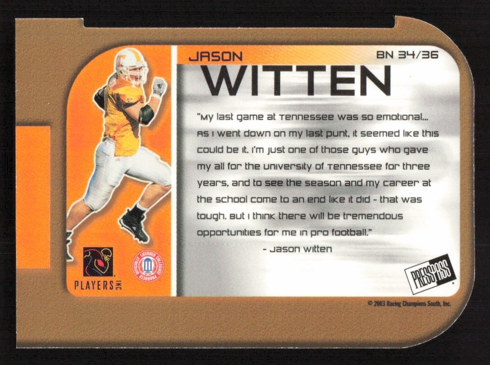 2003 Press Pass Jason Witten Big Numbers #BN34 Card | eBay