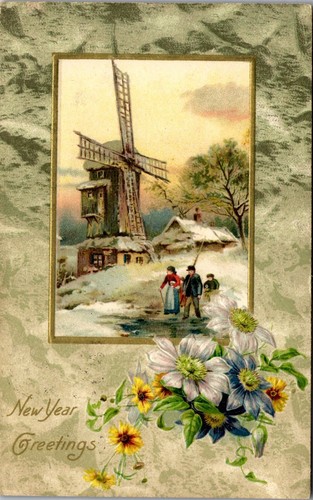 Vintage New Year Postcard Large Windmill Scene ~ Gold Gilt Winsch Back ...