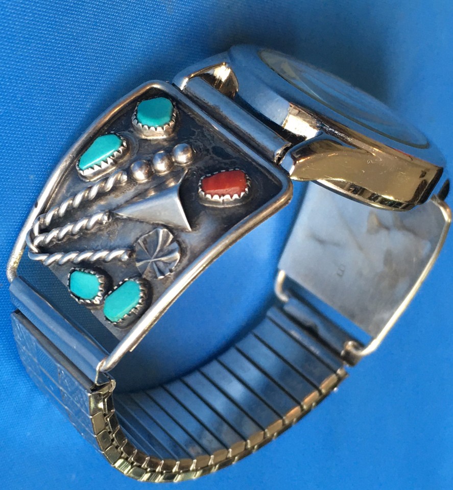 Native American Navajo Womens Sterling Wristwatch Tips Blue Turquoise ...