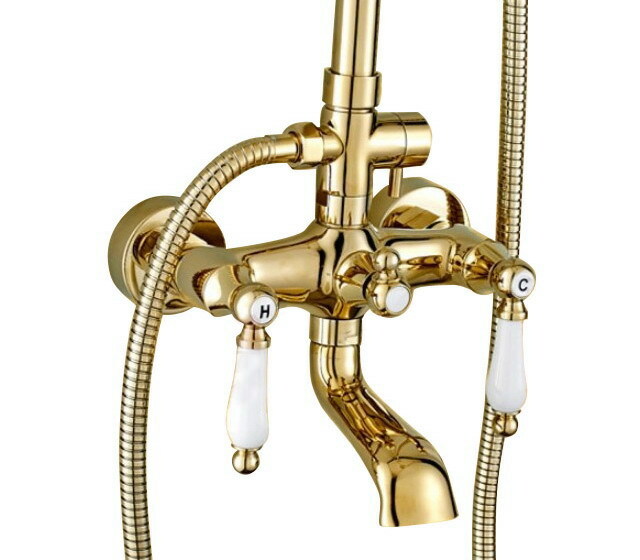 Polished Gold Color Brass Bathroom Rain Shower Faucet Set Tub Mixer Tap ...