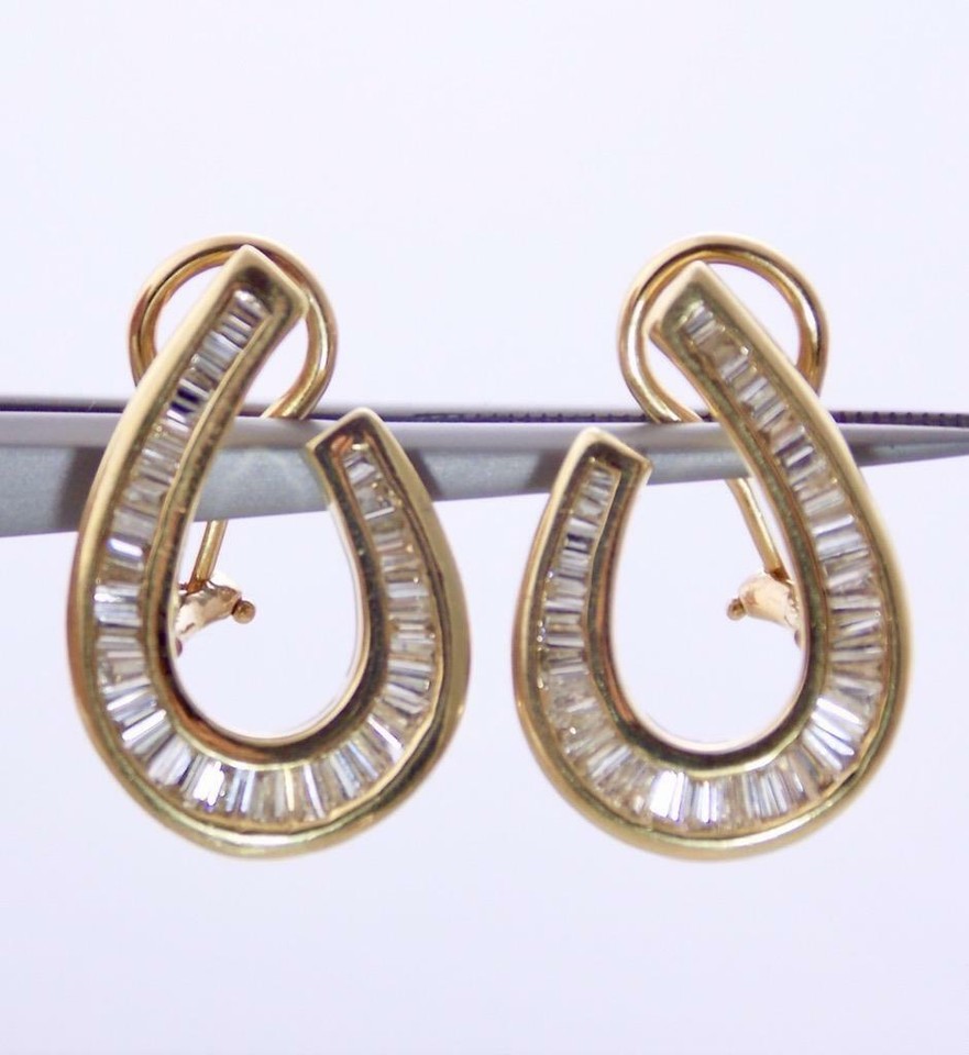 14KT YELLOW GOLD BAGUETTE DIAMOND OMEGA BACK EARRINGS | eBay Australia