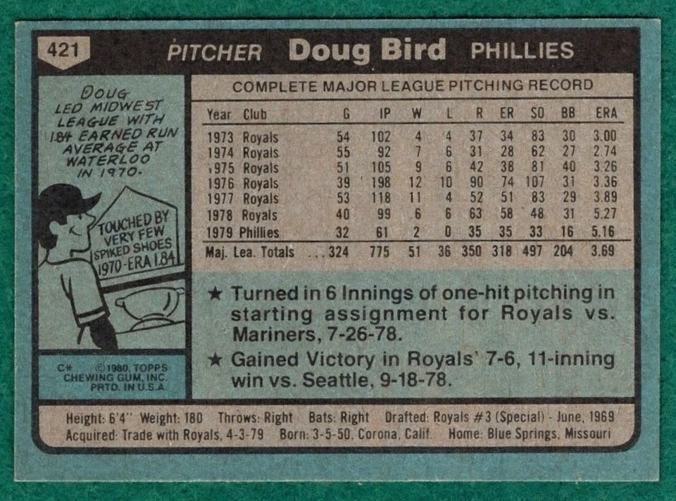 Doug Bird - 1980 Topps #421 - Philadelphia Phillies Baseball Card | eBay