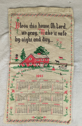 Vintage Kitchen Calendar Tea Towel Linen 1961 Bless This House Country ...