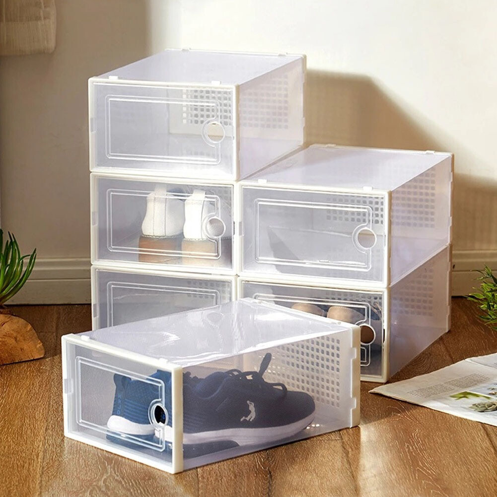 12 x Foldable Stackable Shoe Box Footware Storage Organizer with Front ...