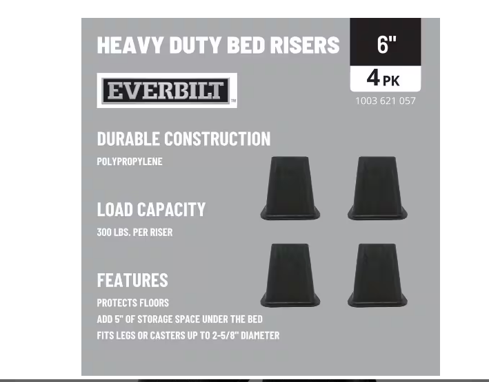 6 Inch Bed Risers 4-Pack Durable Heavy Duty Construction Ensures Black ...