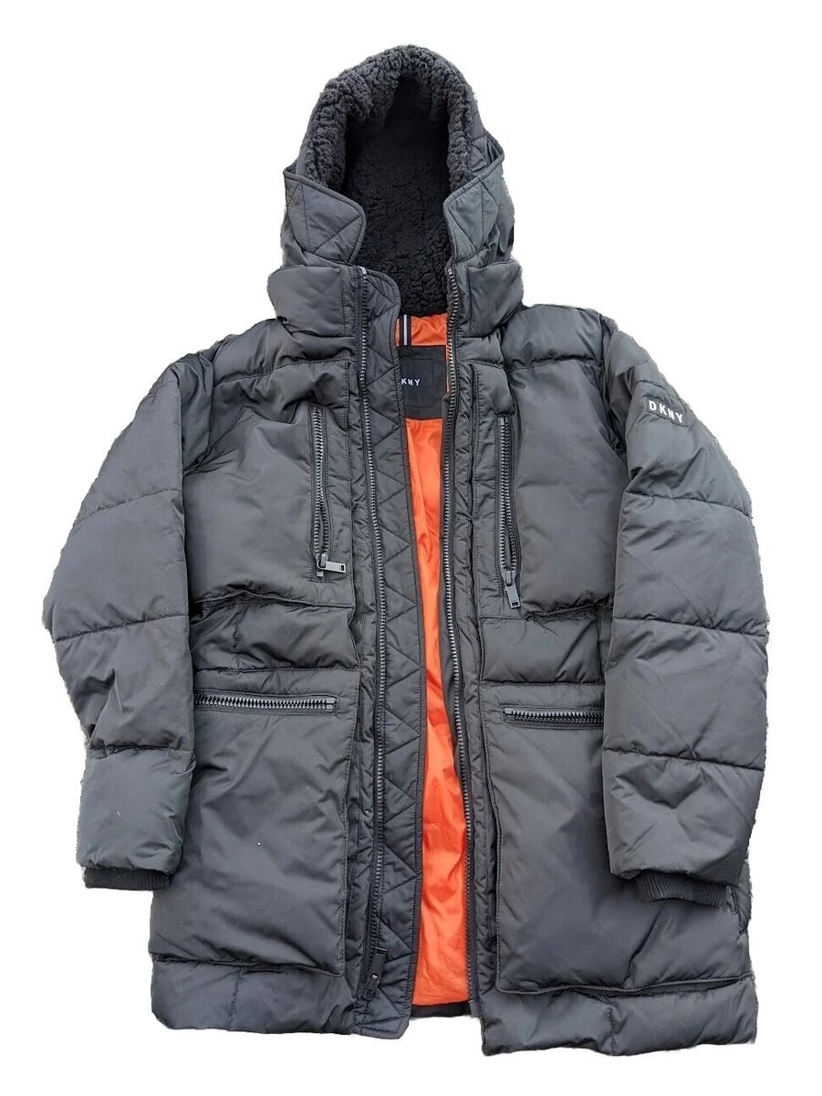 DKNY MENS LONG HOODED PARKA BLACK /ORANGE SIZE SMALL DKNY MENS LONG HOODED PARKA BLACK /ORANGE SIZE SMALL