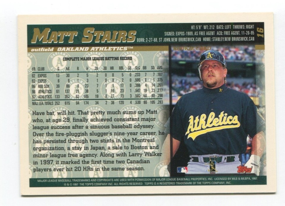 1998 Topps Matt Stairs Signed Card Baseball Autographed AUTO #16 | eBay