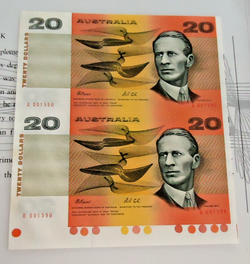 $20 Vertical Pair Uncut Note Printing Australia No 1590 Fraser-Cole ...