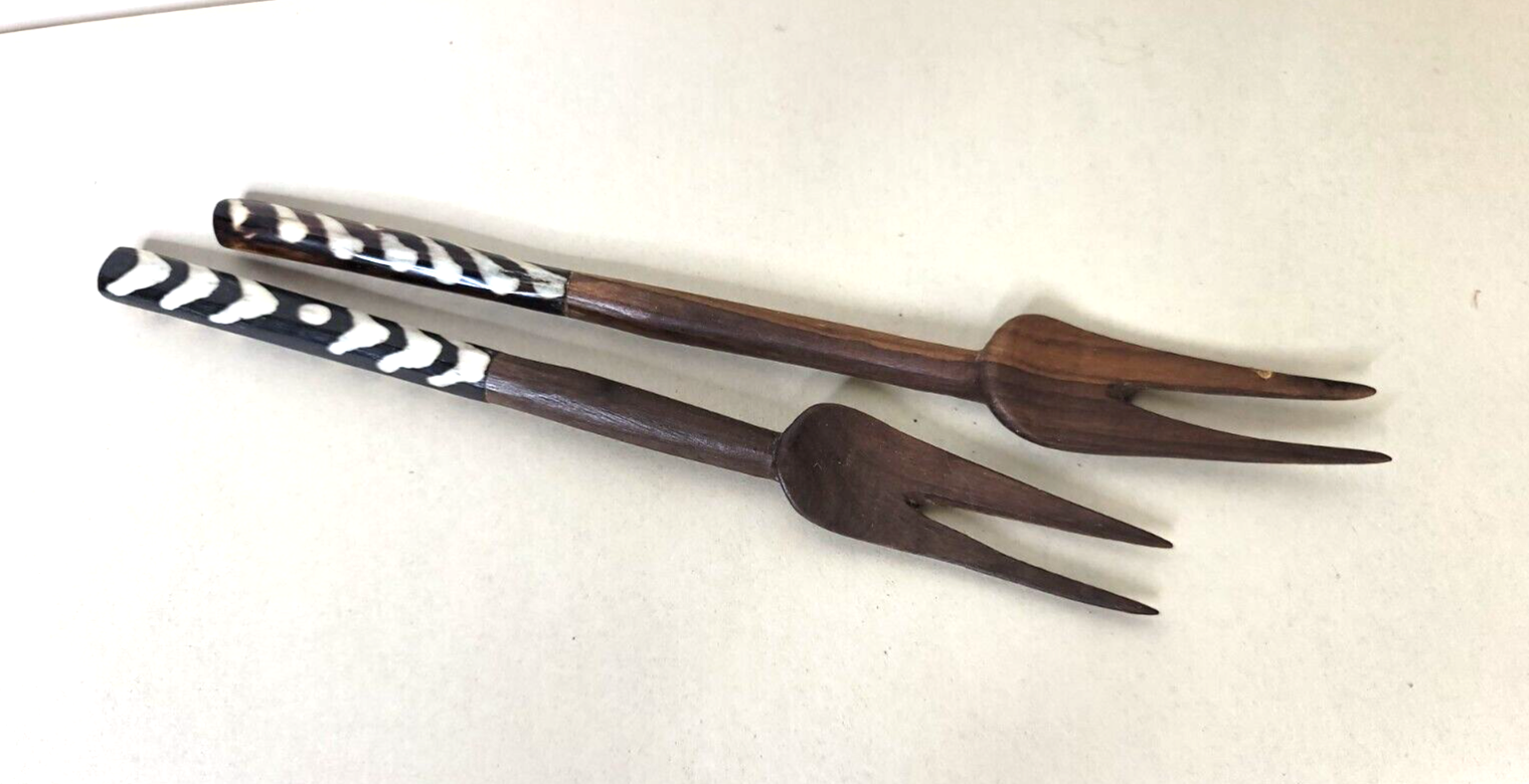 Set of 2 Carved Wood Forks with Painted Cow Bone Inset on Handle 8" | eBay