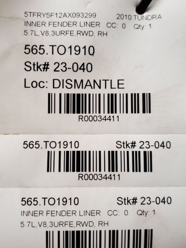 Toyota Tundra, Inner Fender Liner, 2009-2022, RH, 5.7L,V8, RWD, 53807 ...