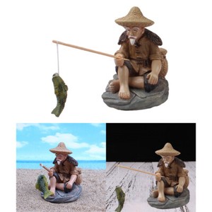 Fisherman Resin Figurines Fishing Old Man Garden Statue Bonsai Planter ...