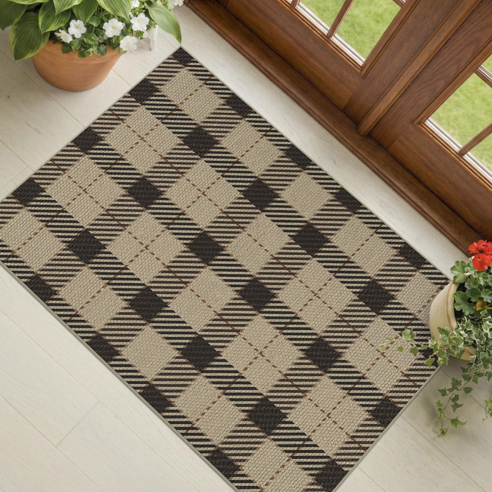 Washable 2x3 Plaid Rug Indoor - No Shed Jute Look, Easy Clean, Non-Slip