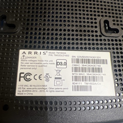 ARRIS TM1602A DOCSIS 3.0 Telephony Cable Modem For Optimum Cablevision ...