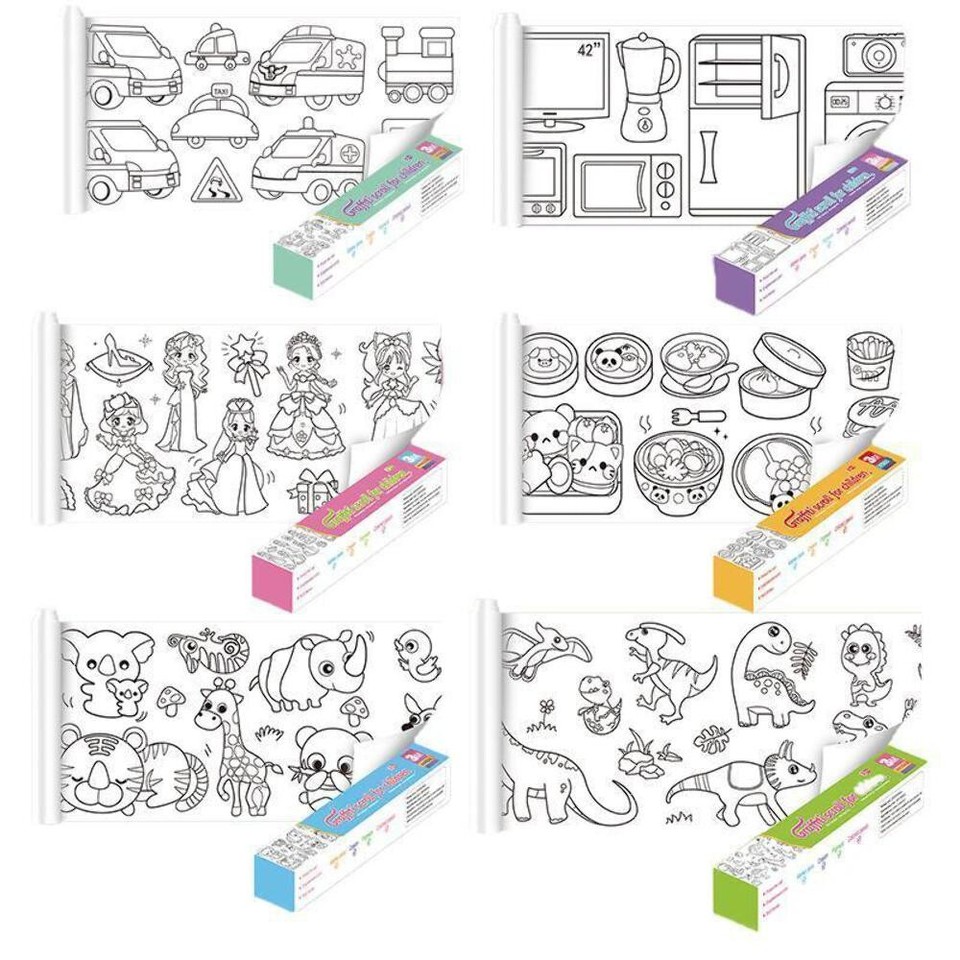 3M DIY Colouring Paper Roll with 12 Colour Pencils Cartoon Doodle Set ...