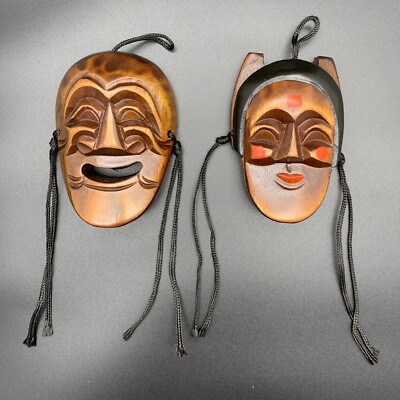PAIR Korean HAHOE MASKS - Hand Carved Wood FOLK ART THEATER Yangban ...