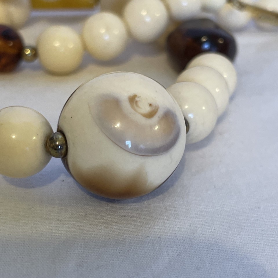 Chunky Beaded Necklace Cream Amber Brown Tones Gold Spacers Signed VA ...