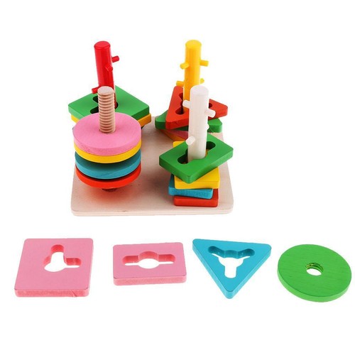 Wooden Educational Shape Color Sorting Puzzles Preschool Stacking Block ...