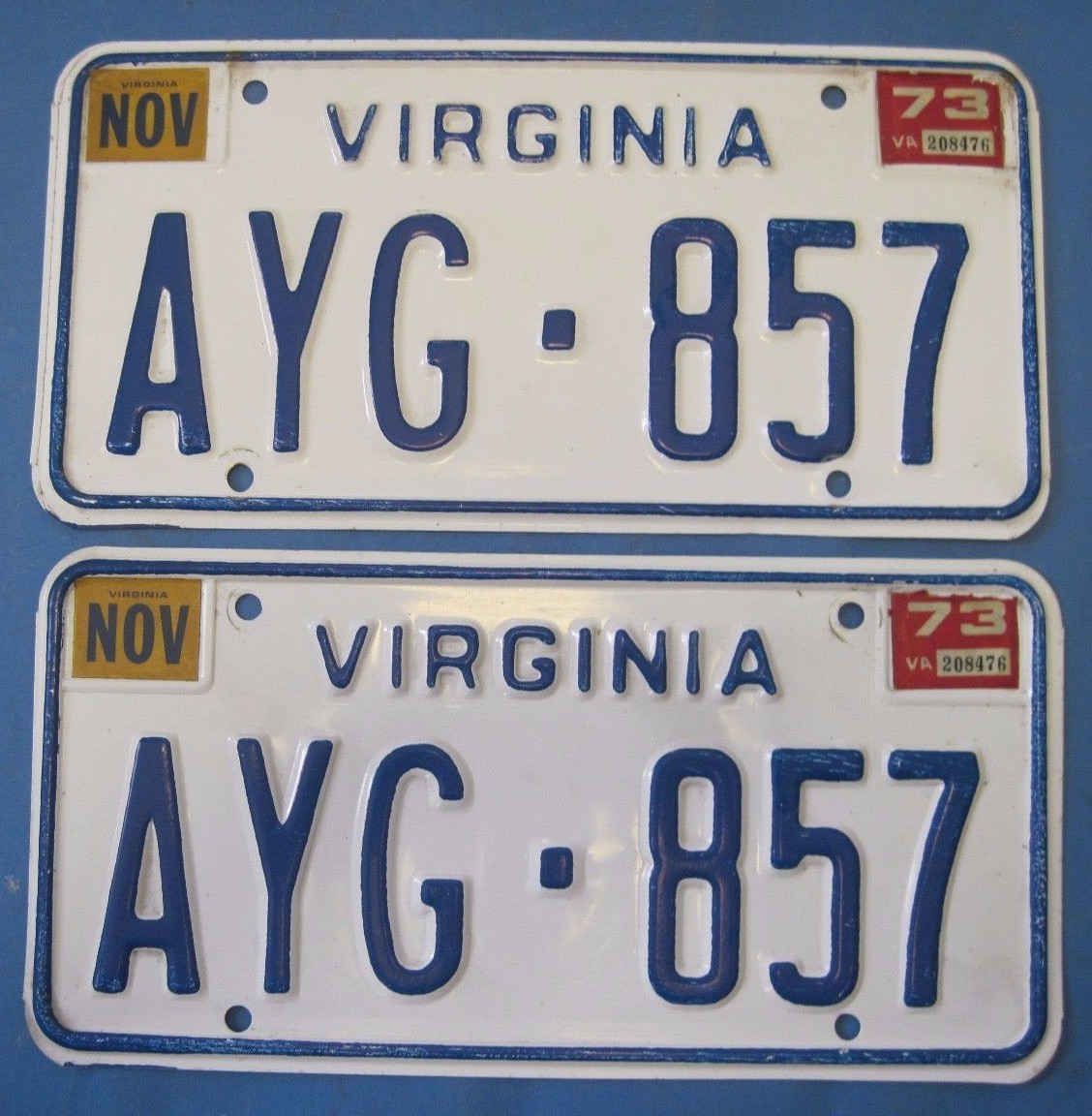 1973 Virginia license plates matched pair scarce sticker type only used ...