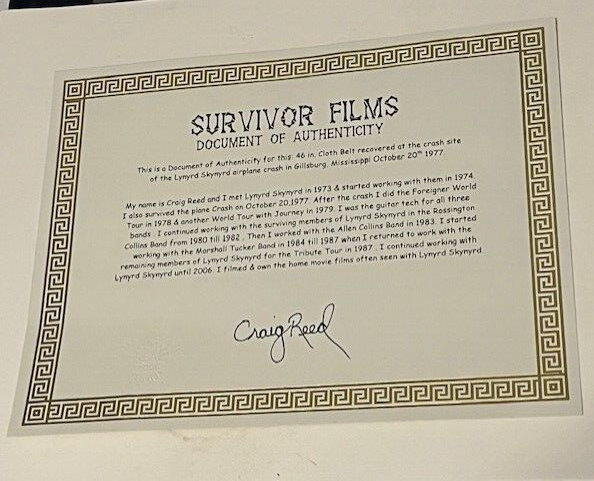 Lynyrd Skynyrd Signed CRAIG REED COA 46 Inch Cloth Belt Plane Crash Oct ...