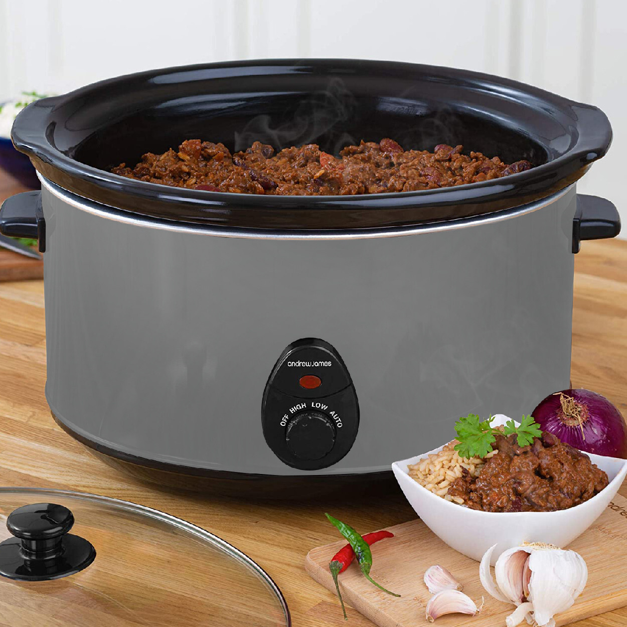 8L Slow Cooker Matt Grey Tempered Glass Lid Removable Ceramic Bowl ...