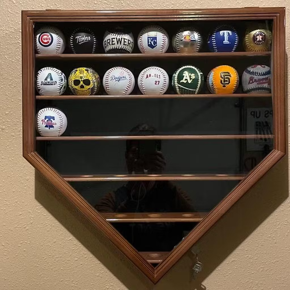 Baseball Display Case 30 Walnut Wood MLB Autograph Ball Rack Holder ...