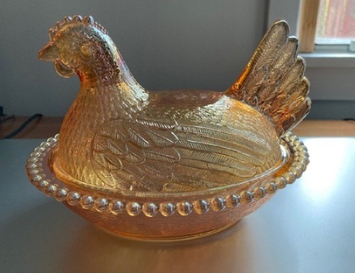 Indiana Glass Hen on Nest Covered Candy Dish Iridescent Gold / Orange ...