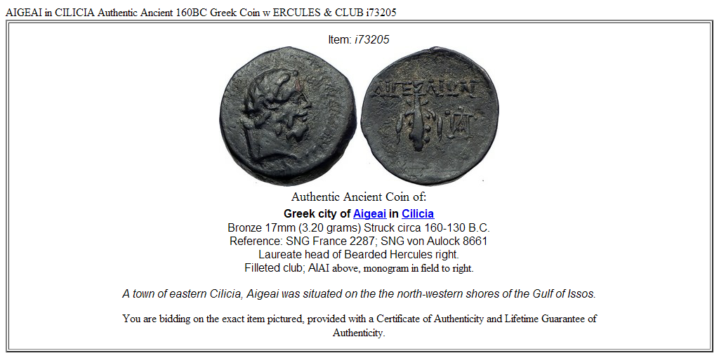 AIGEAI in CILICIA Authentic Ancient 160BC Greek Coin w ERCULES & CLUB ...