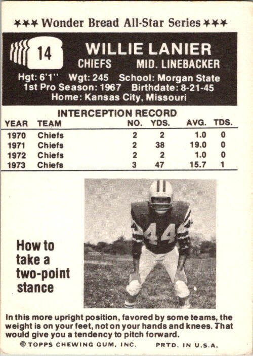 1974 Town Talk Bread #14 Willie Lanier football card 5FFF | eBay