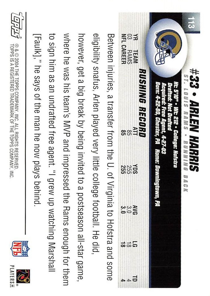 2004 Topps #113 Arlen Harris St. Louis Rams | eBay