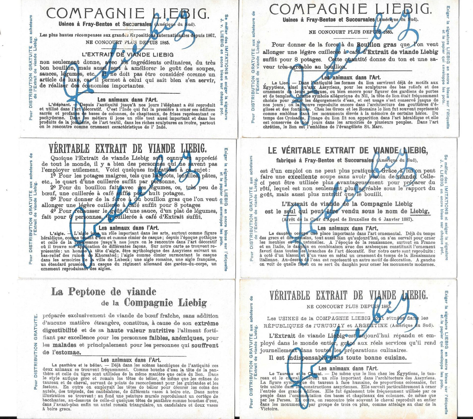 LIEBIG TRADE CARDS, ANIMALS IN ART 1904 Set of 6 Cards (S758 French ...